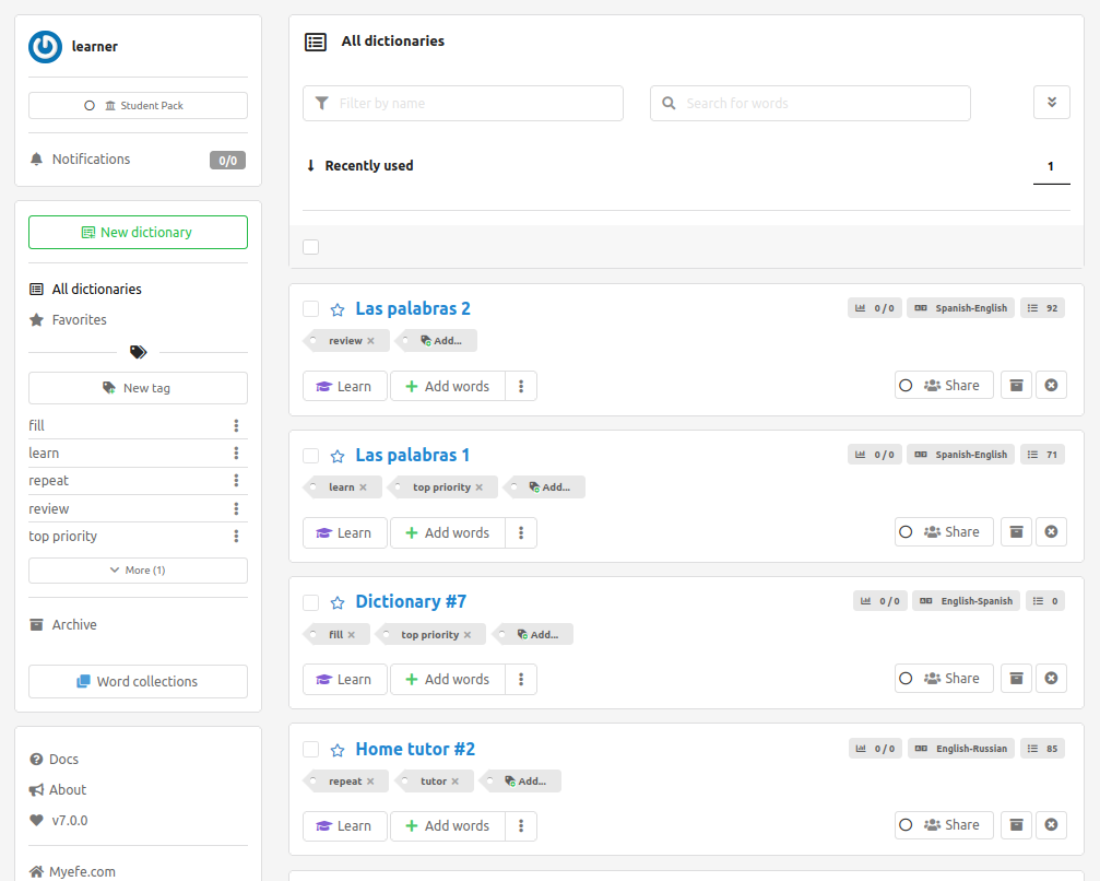 Personal Dictionaries Features - Myefe